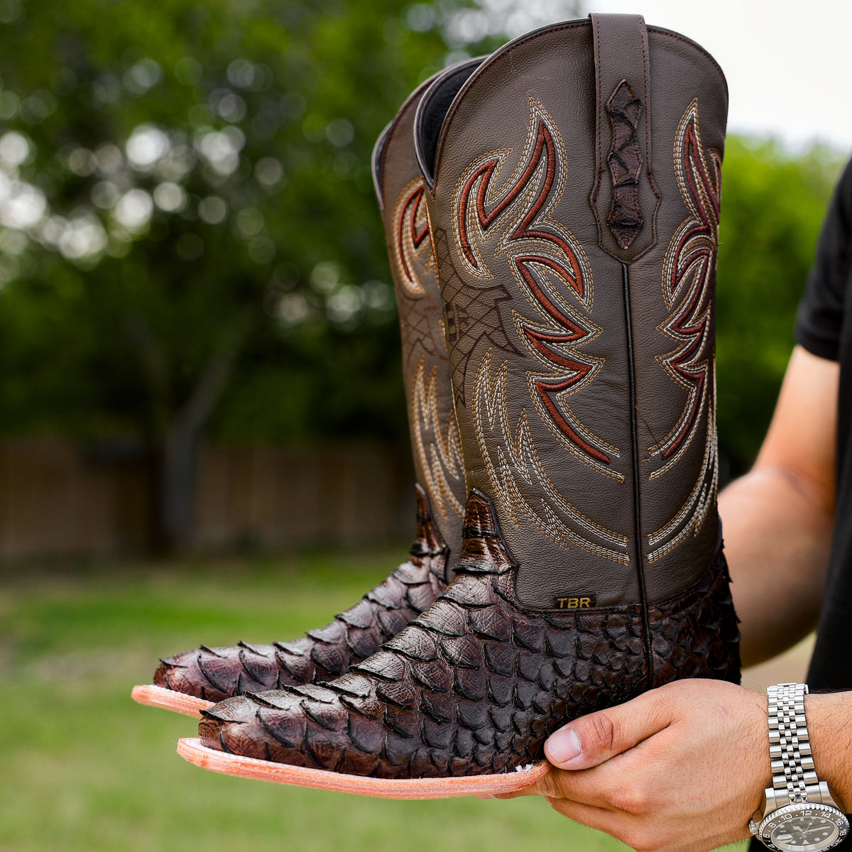 Chocolate Brown Python Leather Boots - Square Toe – Texas Boot Ranch