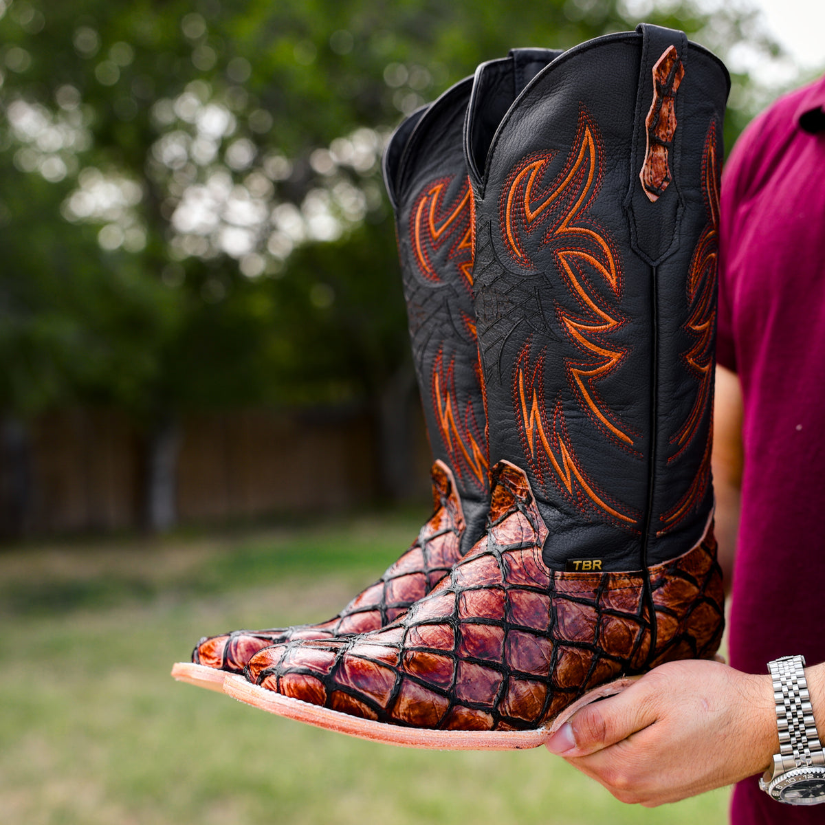 Cognac Pirarucu Leather Boots - Square Toe – Texas Boot Ranch