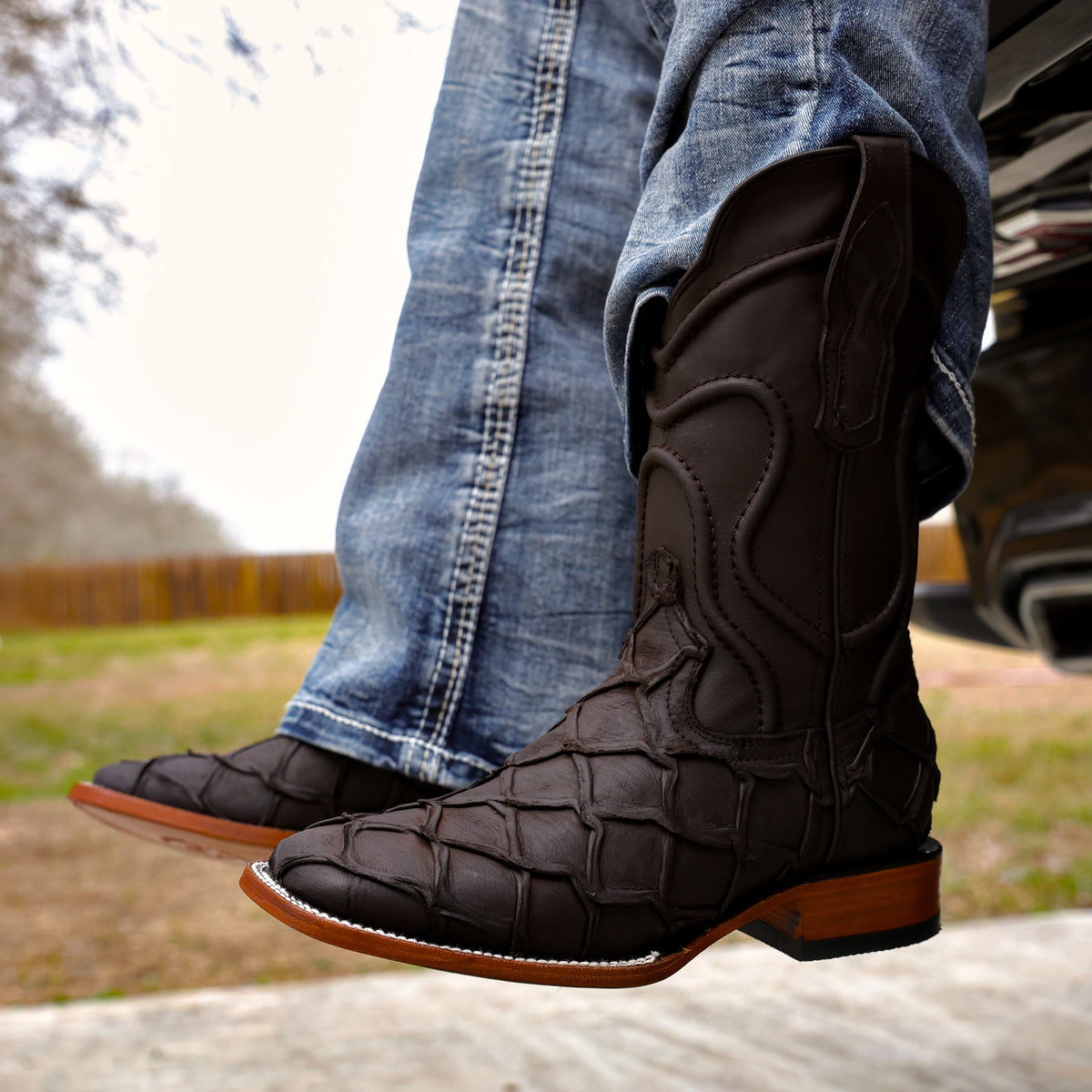 Matte Brown Pirarucu Leather Boots - Square Toe – Texas Boot Ranch