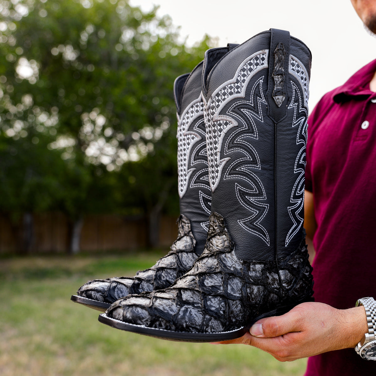 Grey Jumbo Pirarucu Leather Boots - Square Toe – Texas Boot Ranch