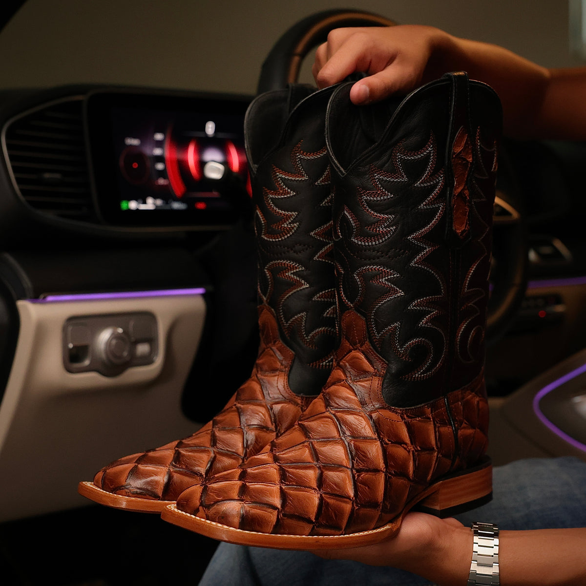 Cognac Pirarucu Leather Boots - Square Toe – Texas Boot Ranch