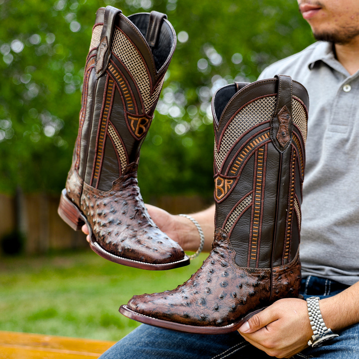 Chocolate Brown Ostrich Leather Boots - Square Toe – Texas Boot Ranch