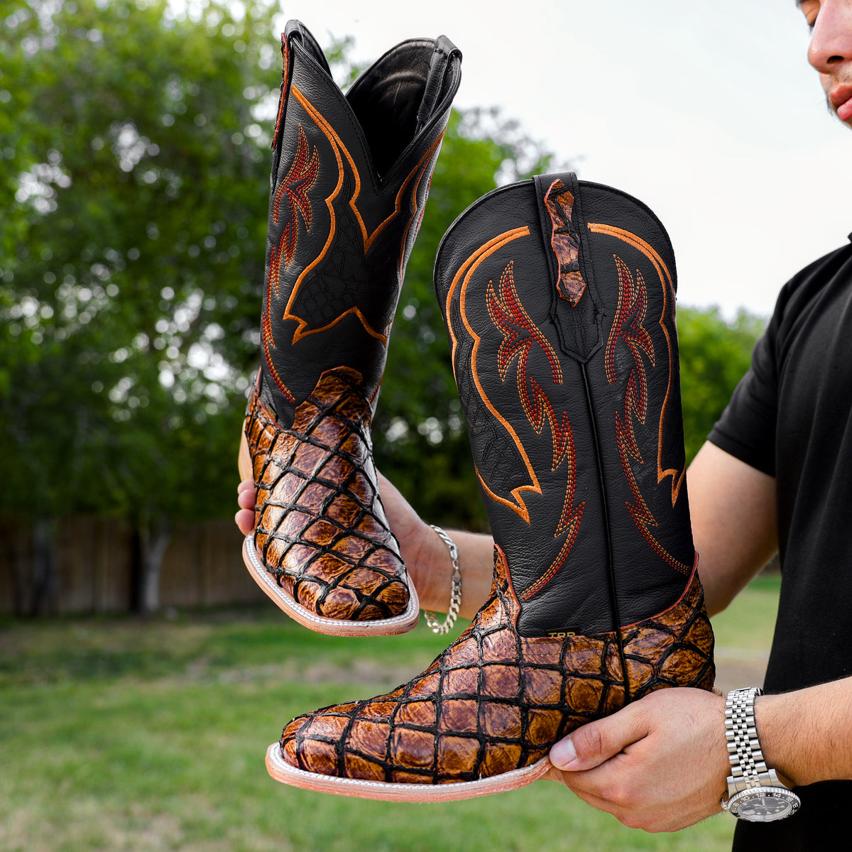 Cognac Pirarucu Leather Boots - Square Toe – Texas Boot Ranch