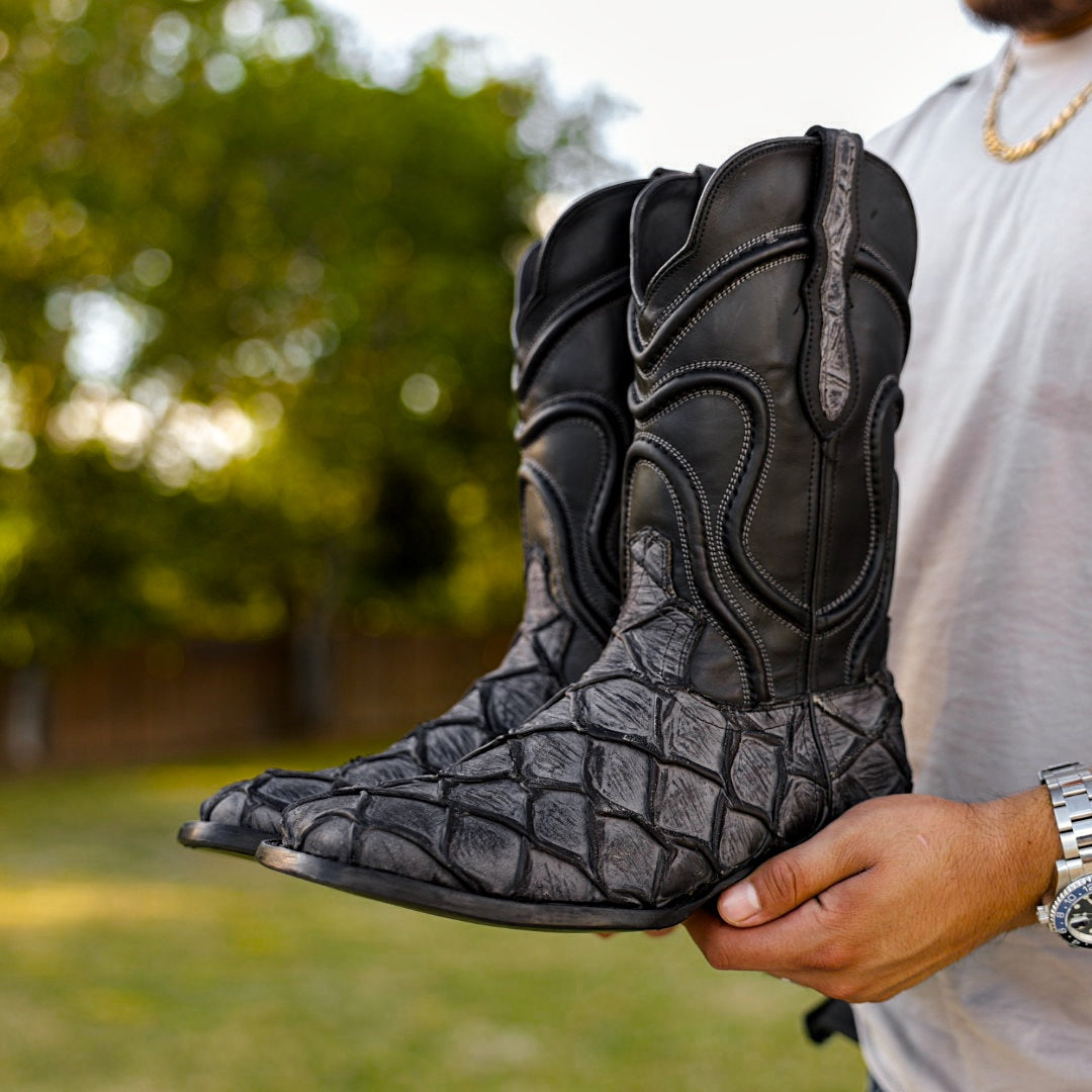 Meteorite Grey Rustic Pirarucu Leather Boots - Square Toe – Texas Boot Ranch