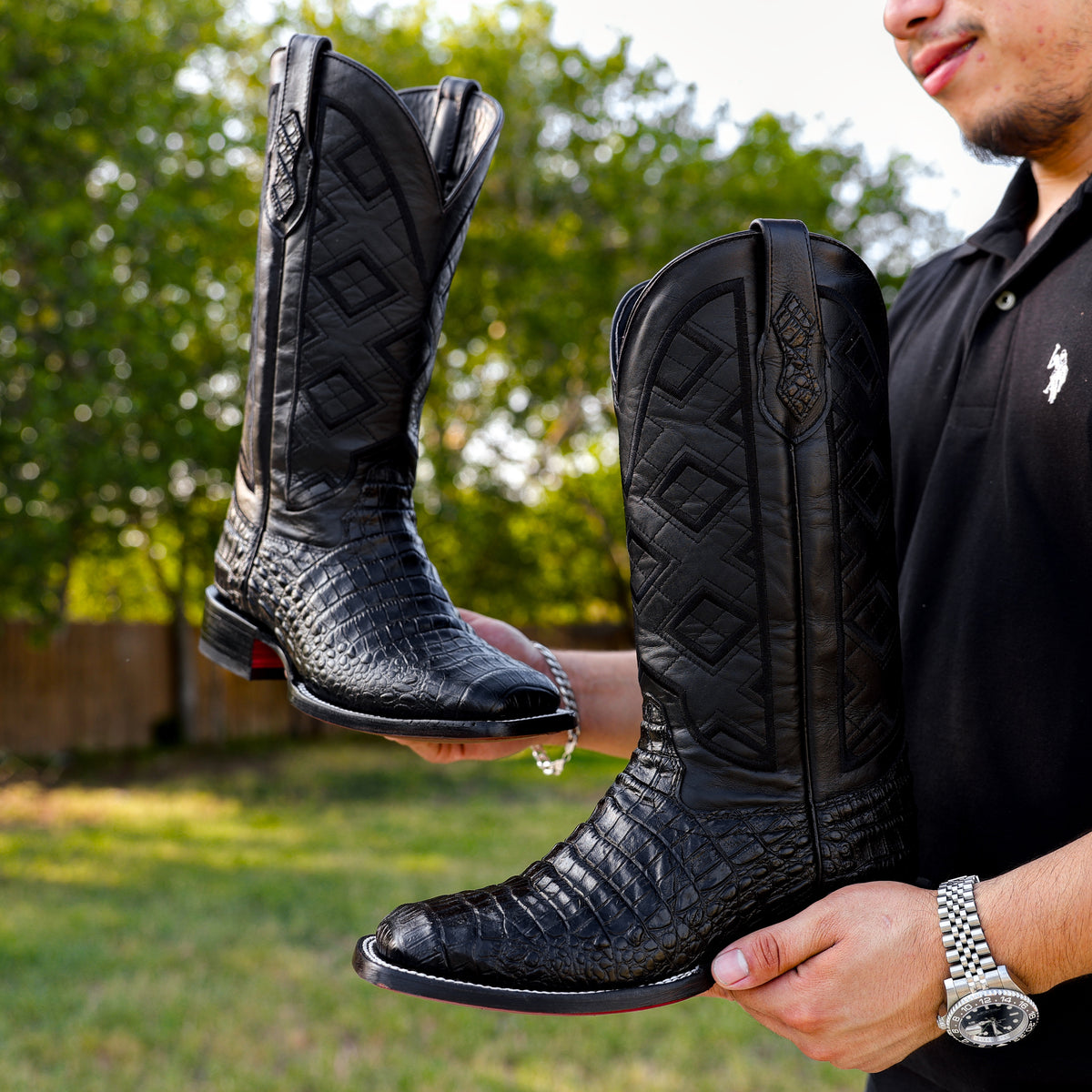 Black Caiman Belly Leather Boots - Square Toe – Texas Boot Ranch