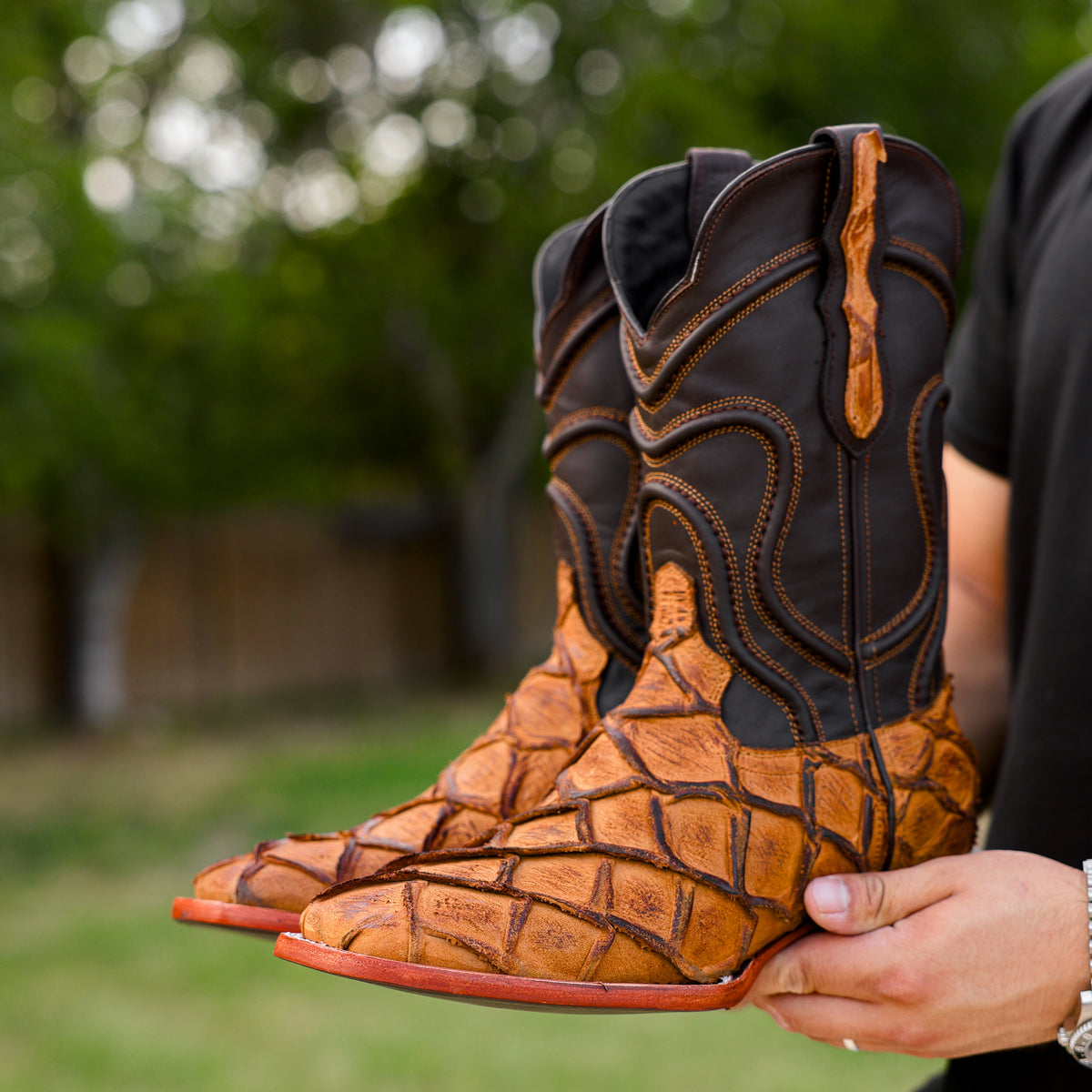 Matte Rustic Honey Pirarucu Leather Boots - Square Toe – Texas Boot Ranch