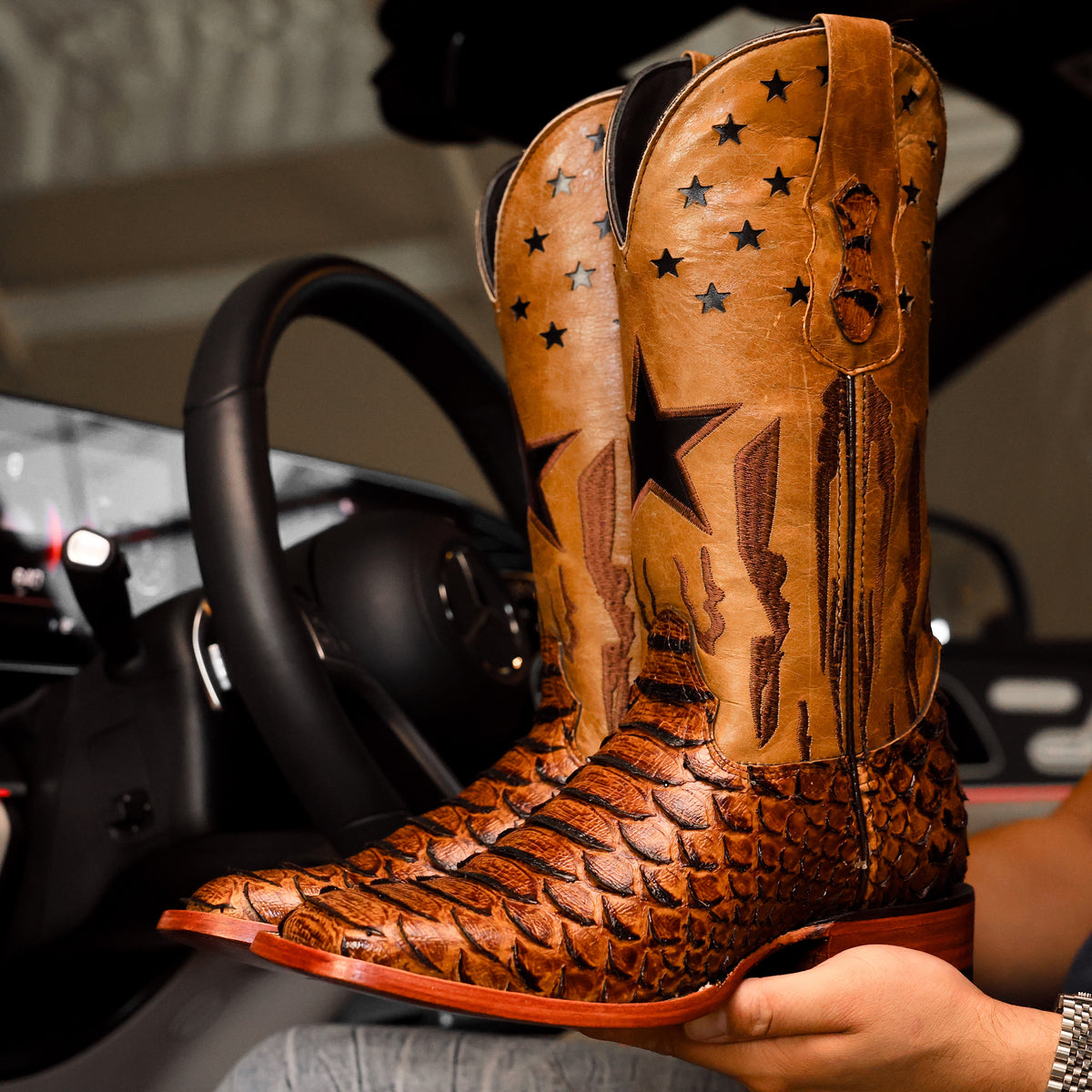 Honey Cognac Python Leather Boots - Square Toe – Texas Boot Ranch