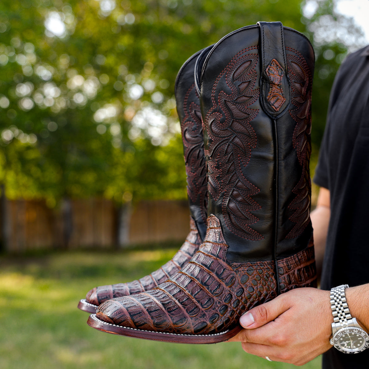 Chocolate Brown Caiman Hornback Leather Boots - Square Toe – Texas Boot Ranch