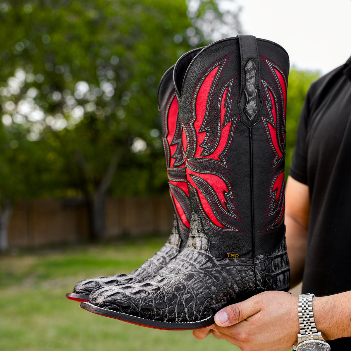 Midnight Grey Caiman Neck Leather Boots - Square Toe – Texas Boot Ranch