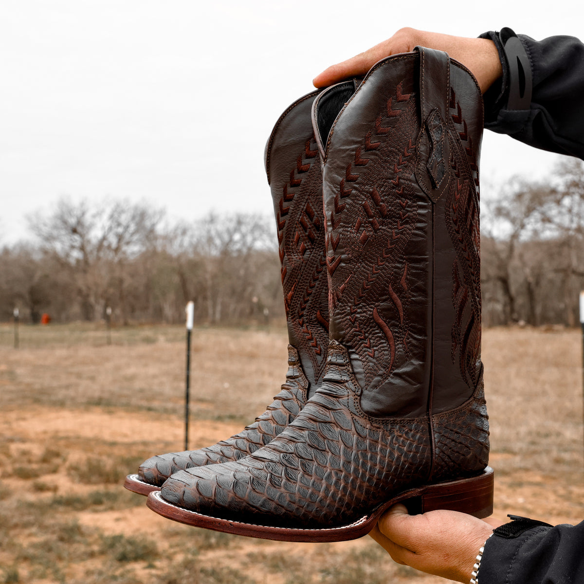 Matte Brown Python Leather Boots - Square Toe – Texas Boot Ranch