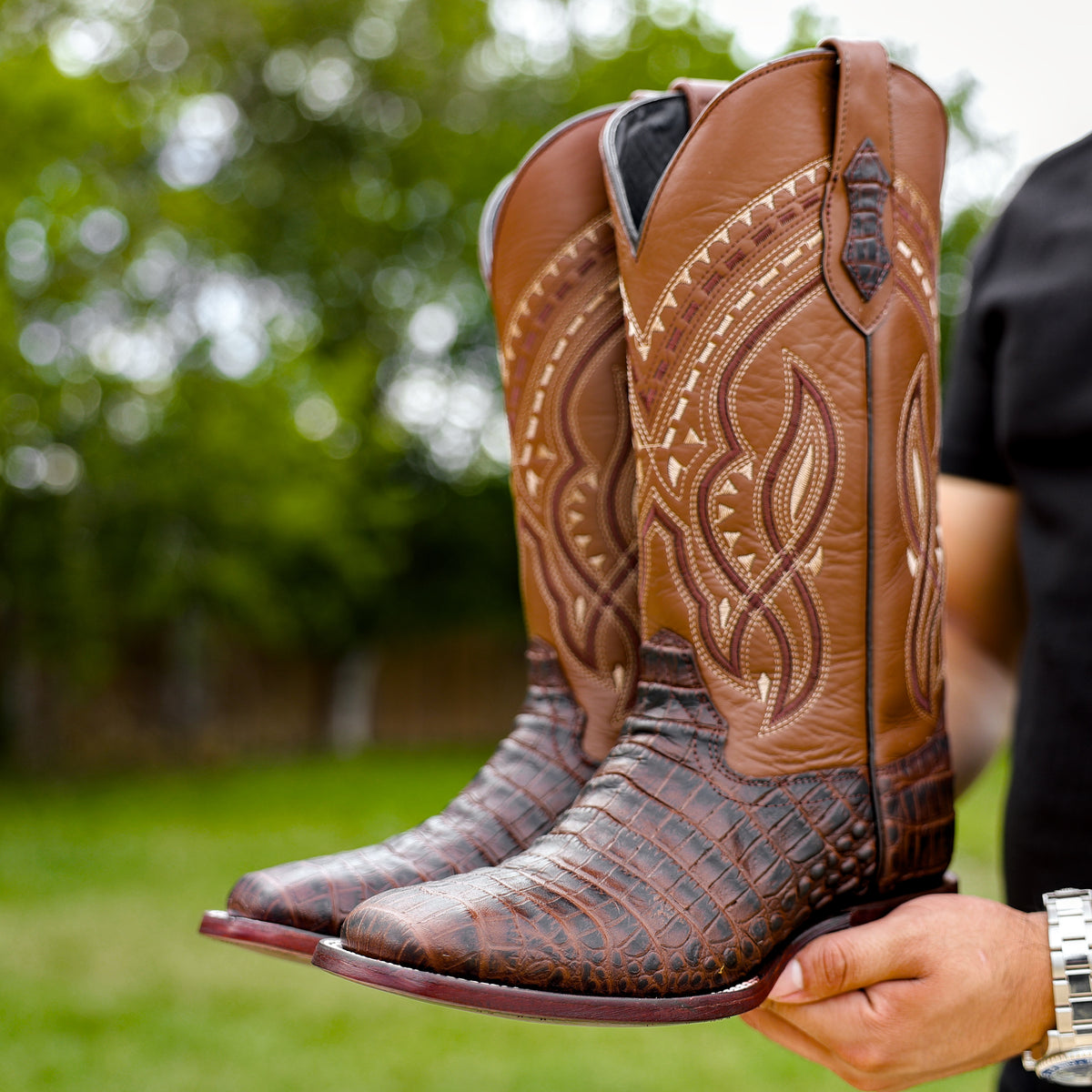 Brown Caiman Belly Leather Boots - Square Toe – Texas Boot Ranch