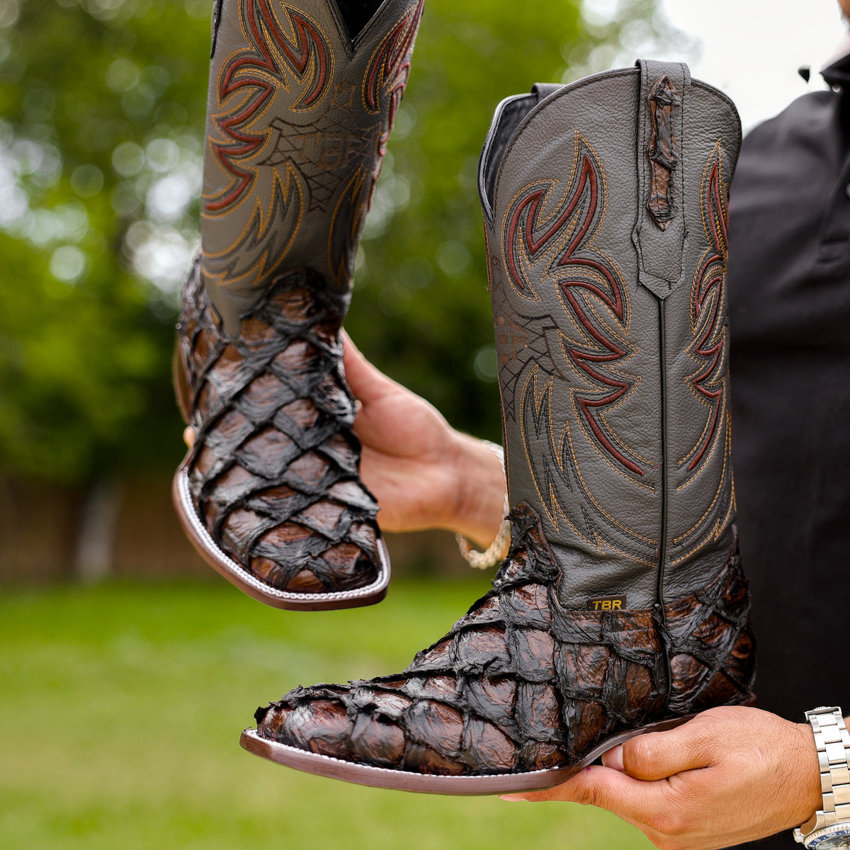 Brown Jumbo Pirarucu Leather Boots - Square Toe – Texas Boot Ranch