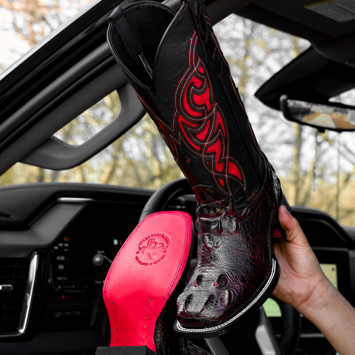 Black Cherry Giant Caiman Hornback Leather Boots - Square Toe – Texas Boot Ranch