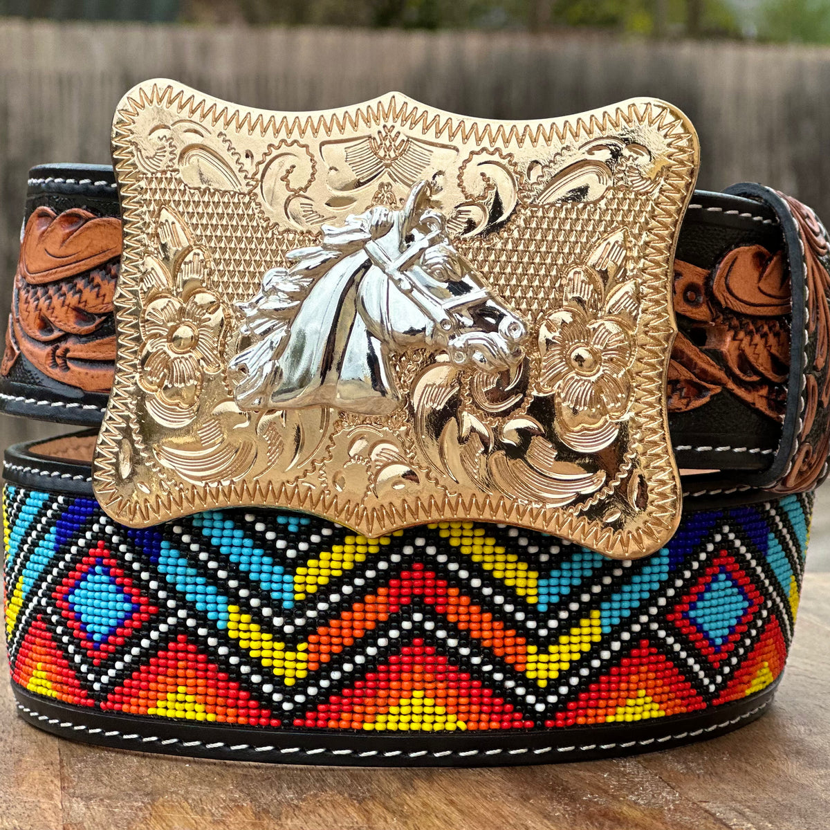 Hand-Tooled Artesanal Tabs With Multicolor Aztec Beaded Leather Belt ...