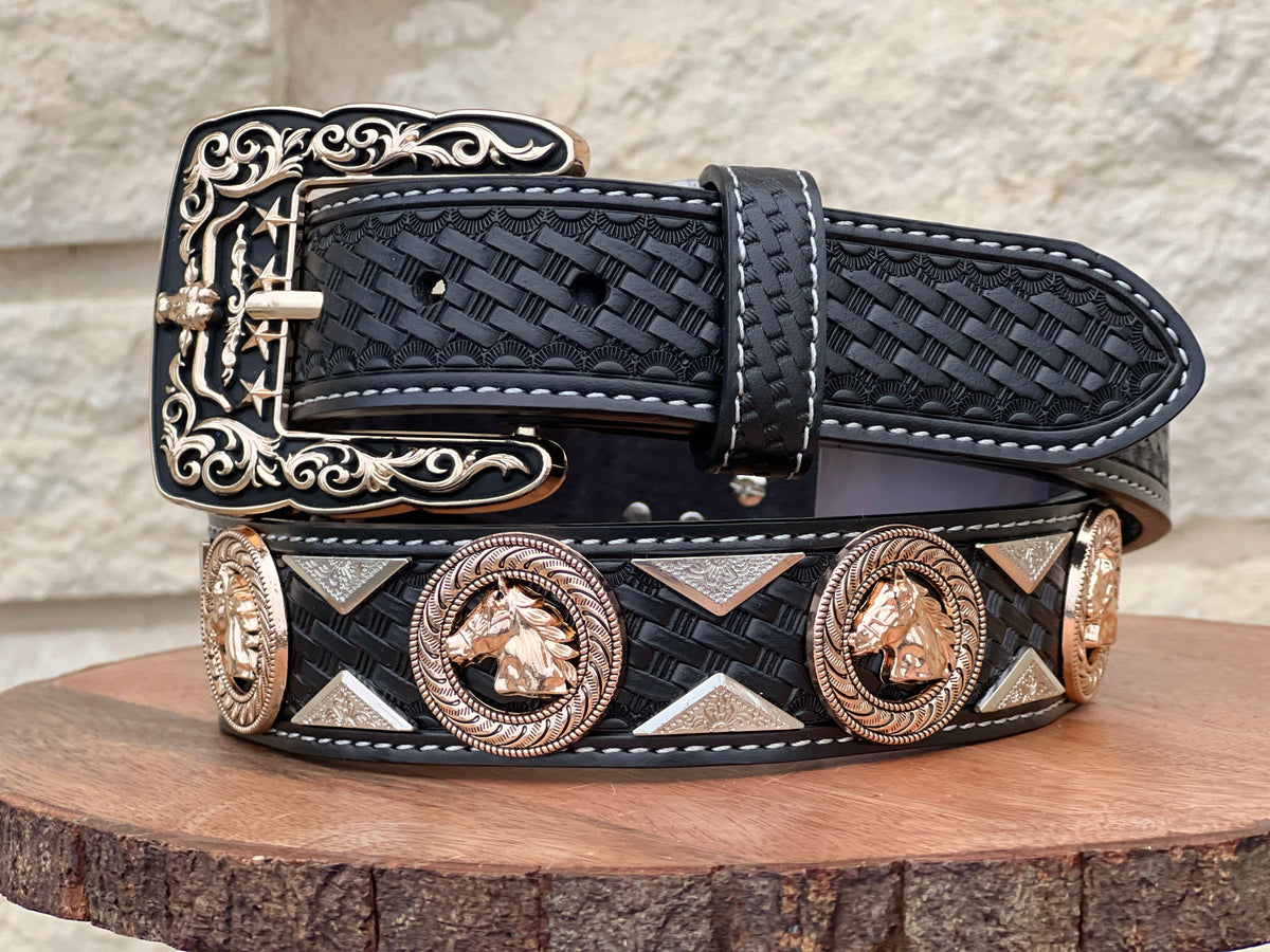 Men’s Black Leather Belt With Horse Concho – Texas Boot Ranch