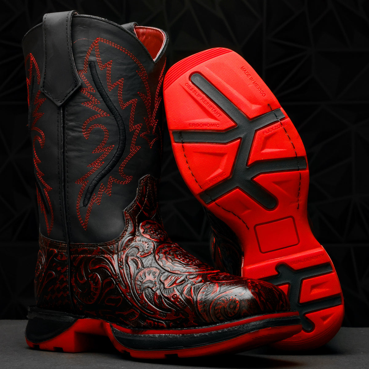 Black Cherry Hand-Tooled Leather Boots With 3D Lightweight Sole - Comp ...