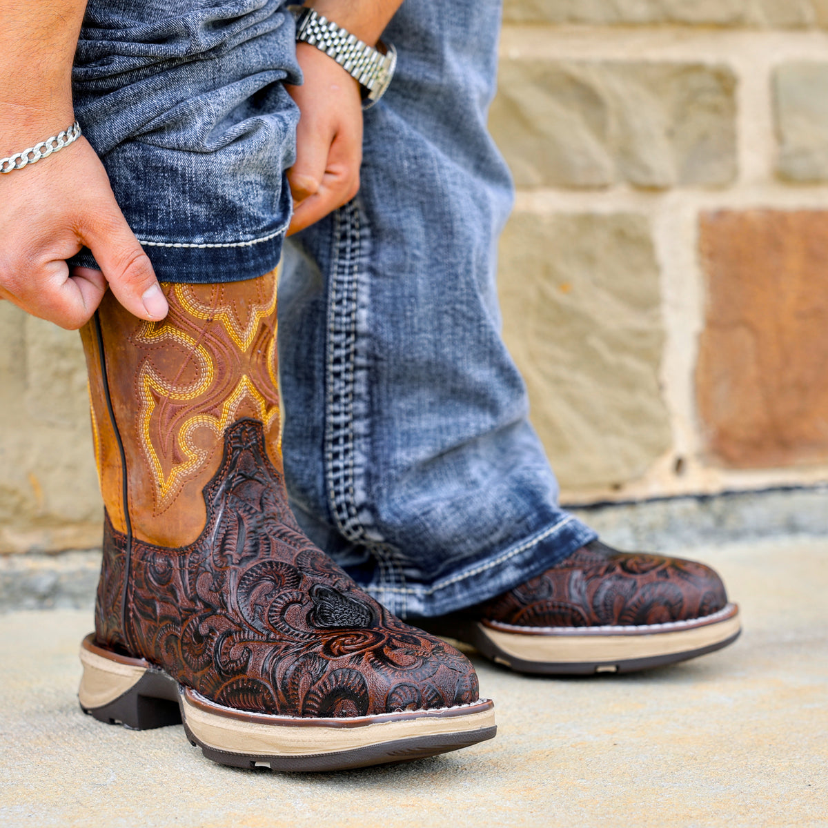 Brown Hand-Tooled Leather Boots With 3D Lightweight Sole - Composite T ...