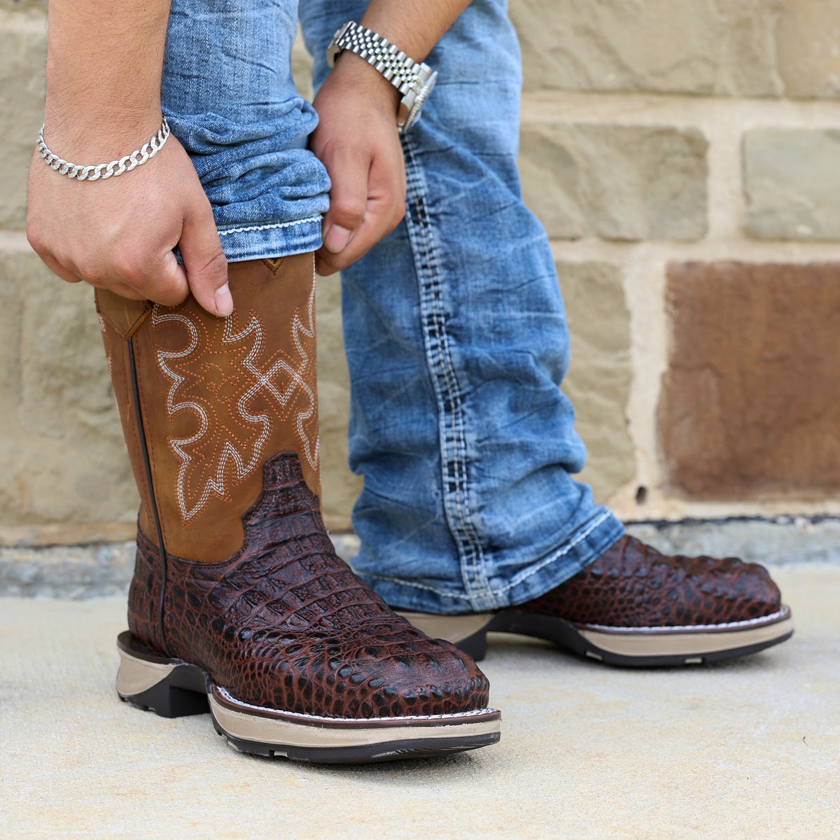 Brown Caiman Neck Leather Boots With 3D Lightweight Sole - Composite T ...