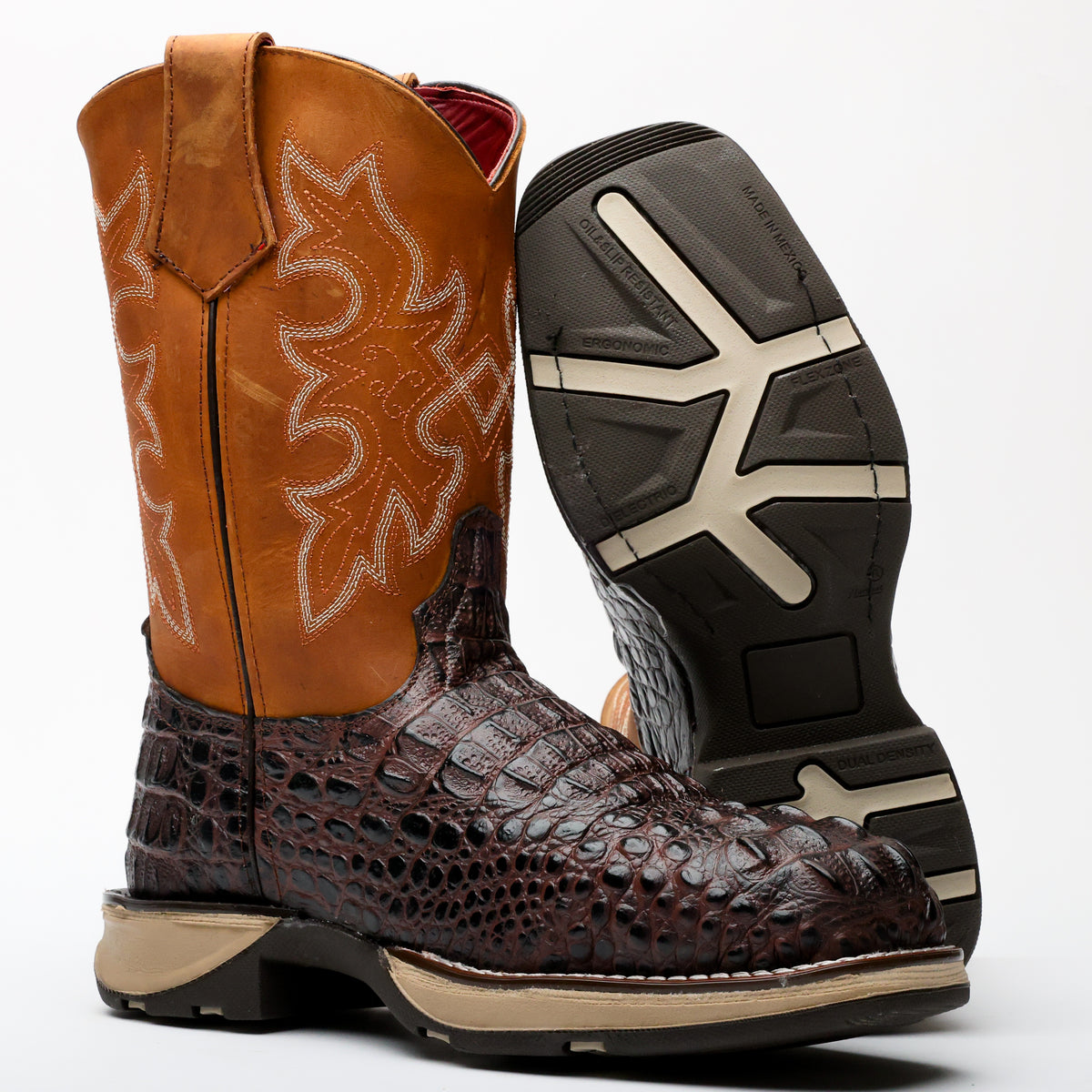 Brown Caiman Neck Leather Boots With 3D Lightweight Sole - Composite T ...