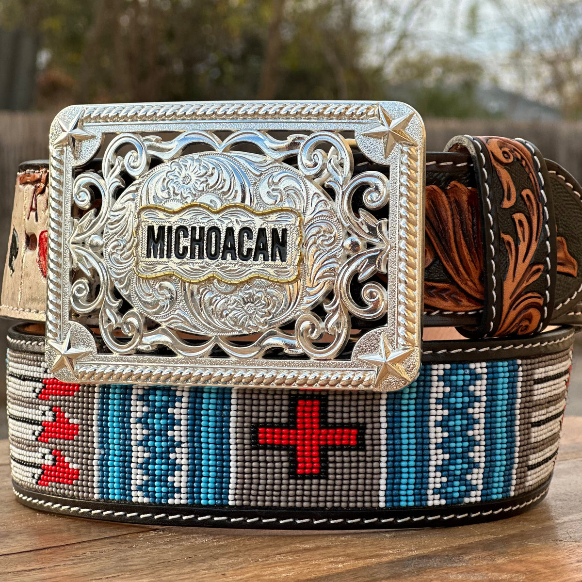Hand-Tooled Artesanal Tabs With Blue And Red Cross Beaded Leather Belt ...