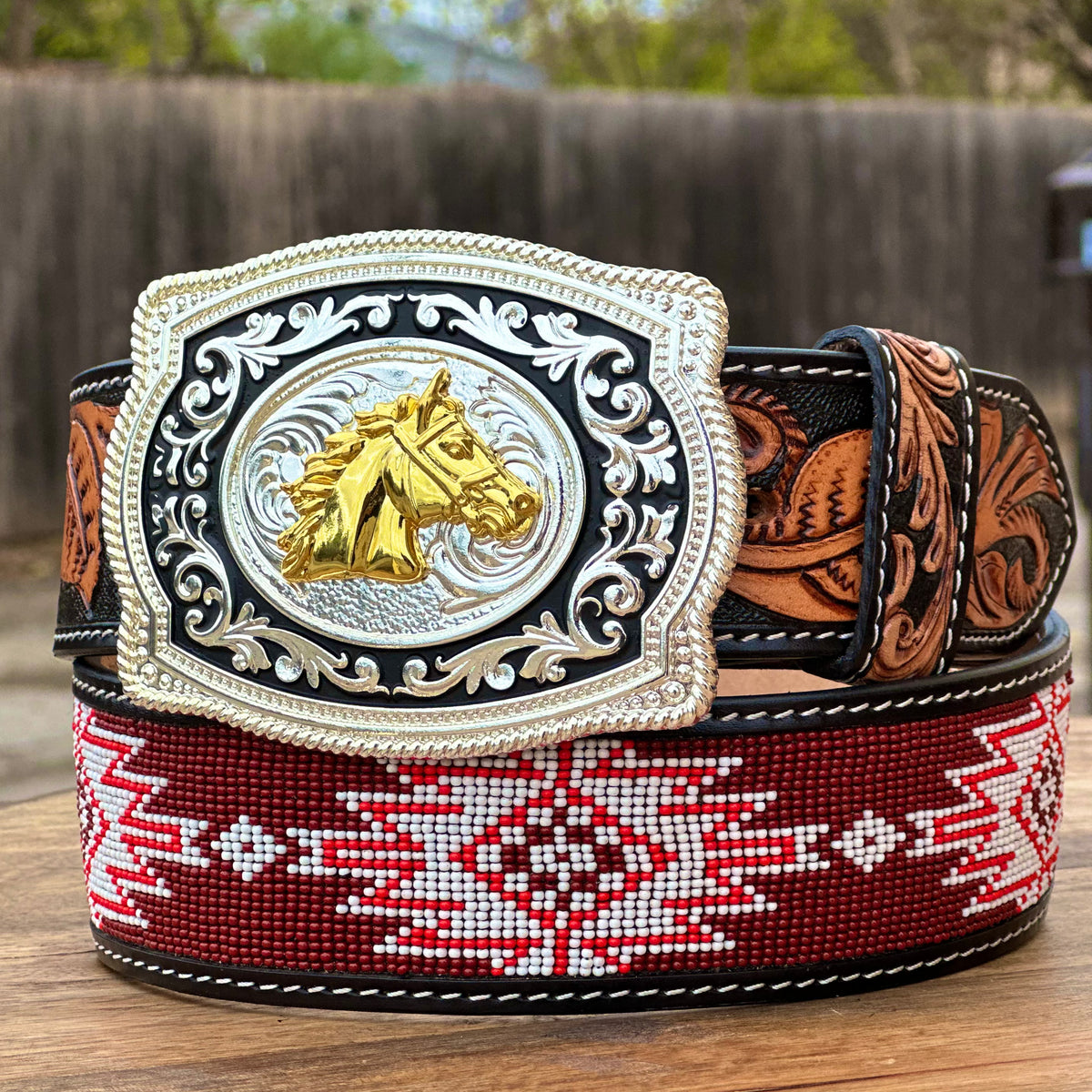 Hand-Tooled Artesanal Tabs With Maroon And White Beaded Leather Belt ...