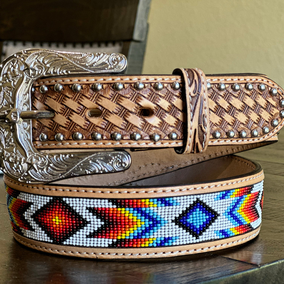 Honey Hand-Tooled Artesanal Tabs With Silver Studs With White and Red ...