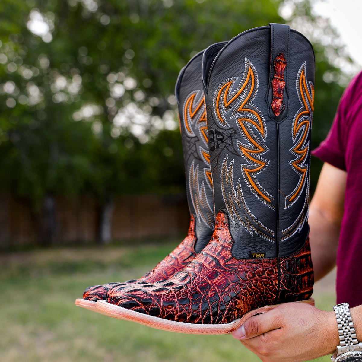 Cognac Caiman Neck Leather Boots - Square Toe – Texas Boot Ranch