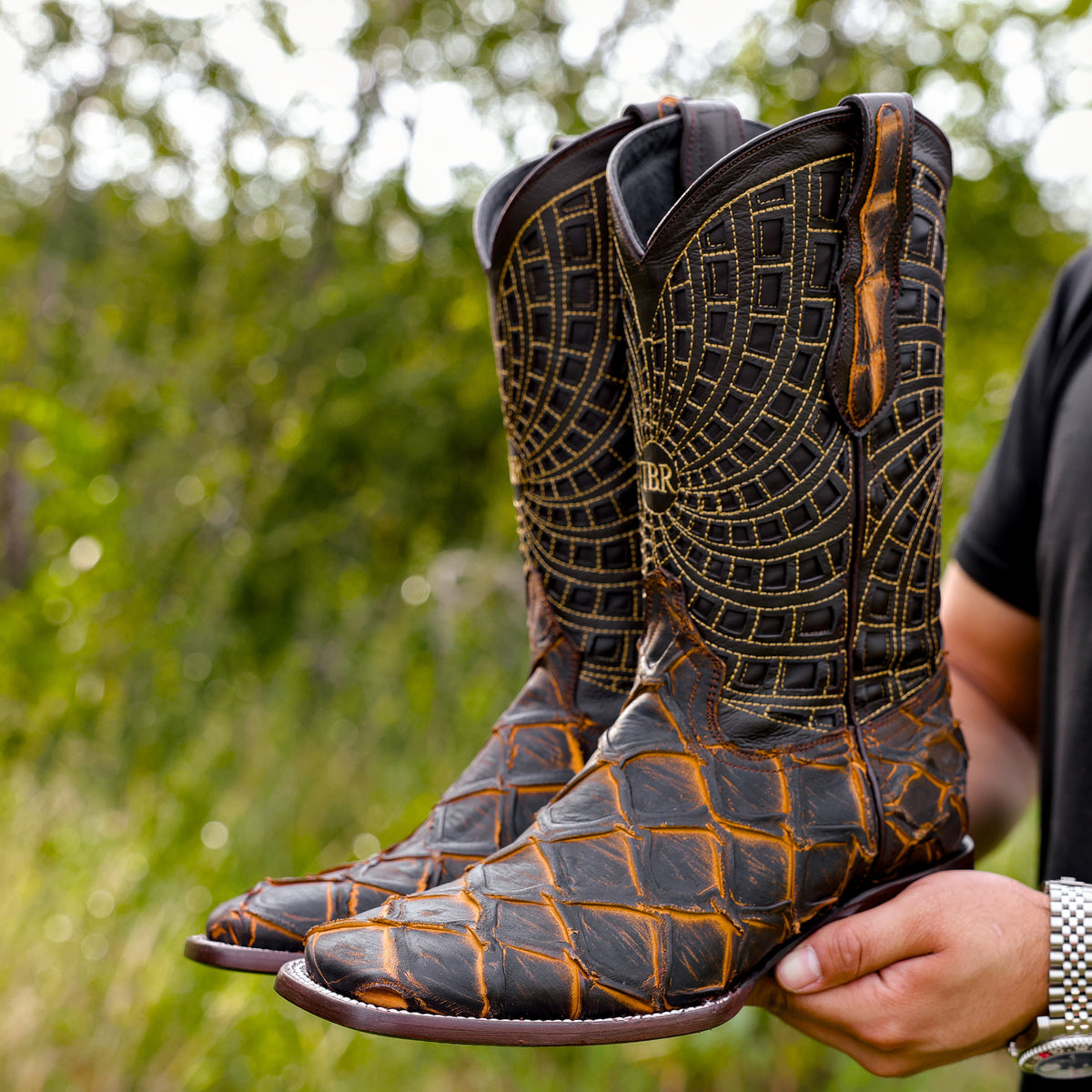Matte Rustic Black/Honey Pirarucu Leather Boots - Square Toe – Texas ...