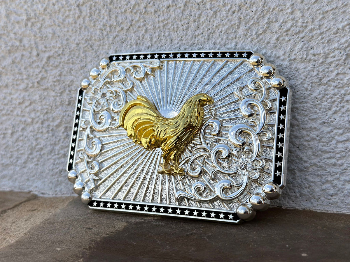Silver Plated Buckle With Gold Rooster – Texas Boot Ranch