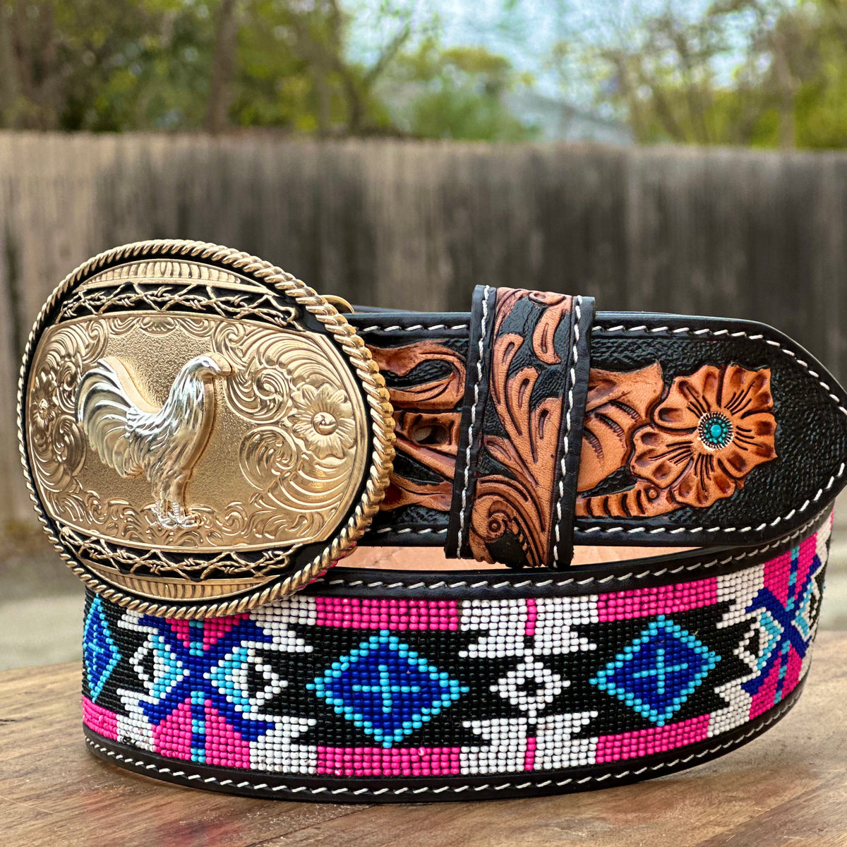 Hand-Tooled Artesanal Tabs With Pink and Blue Beaded Leather Belt ...
