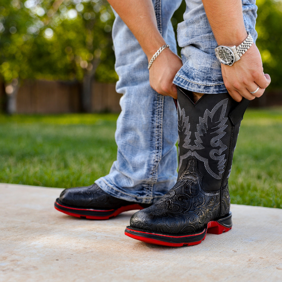TBR Black Hand-Tooled Leather Boots With 3D Lightweight Sole - Composi ...