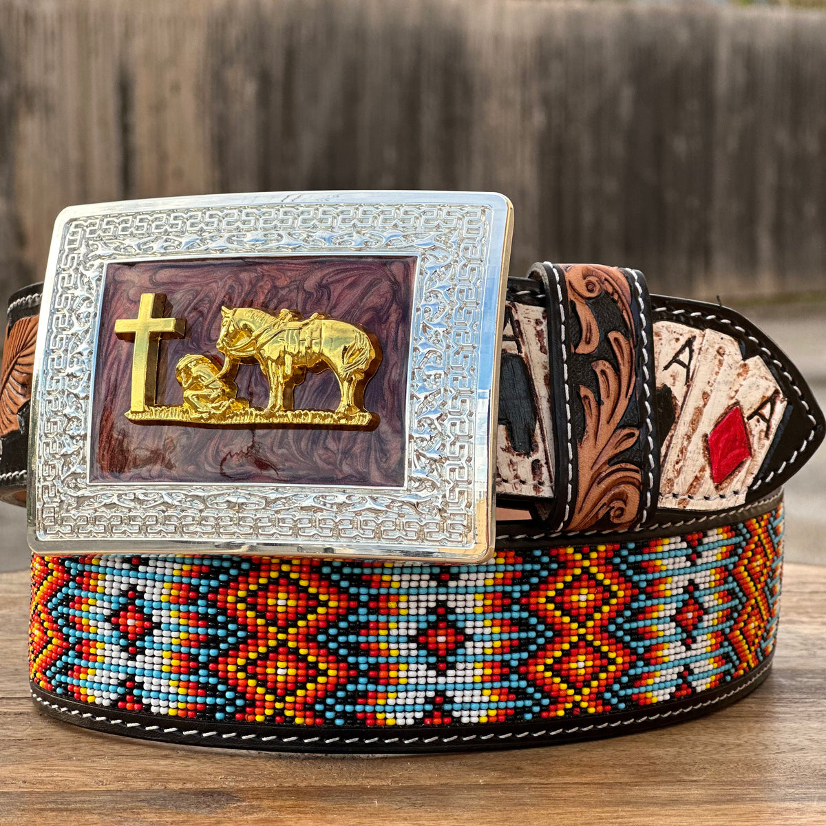 Hand-Tooled Artesanal Tabs With Multicolor Aztec Beaded Leather Belt ...