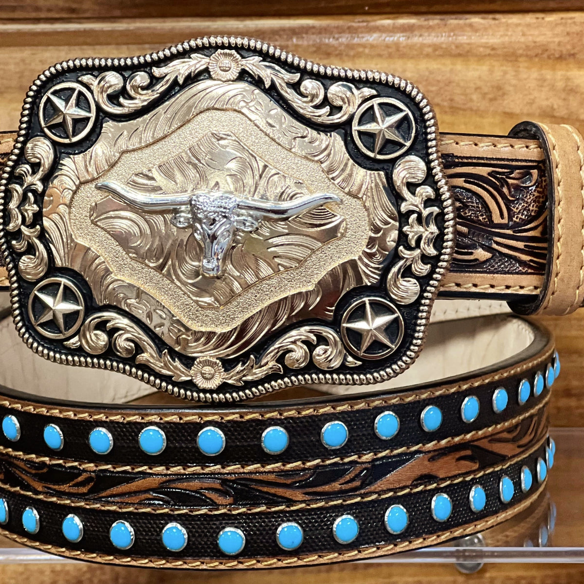 Honey Tooled Artesanal Tabs With Turquoise Studs Leather Belt – Texas ...