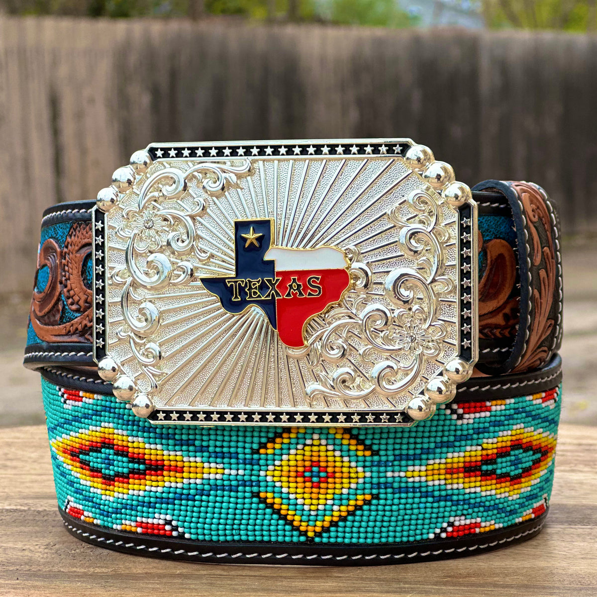 Hand-Tooled Artesanal Tabs With Mint Green and Yellow Beaded Leather B ...