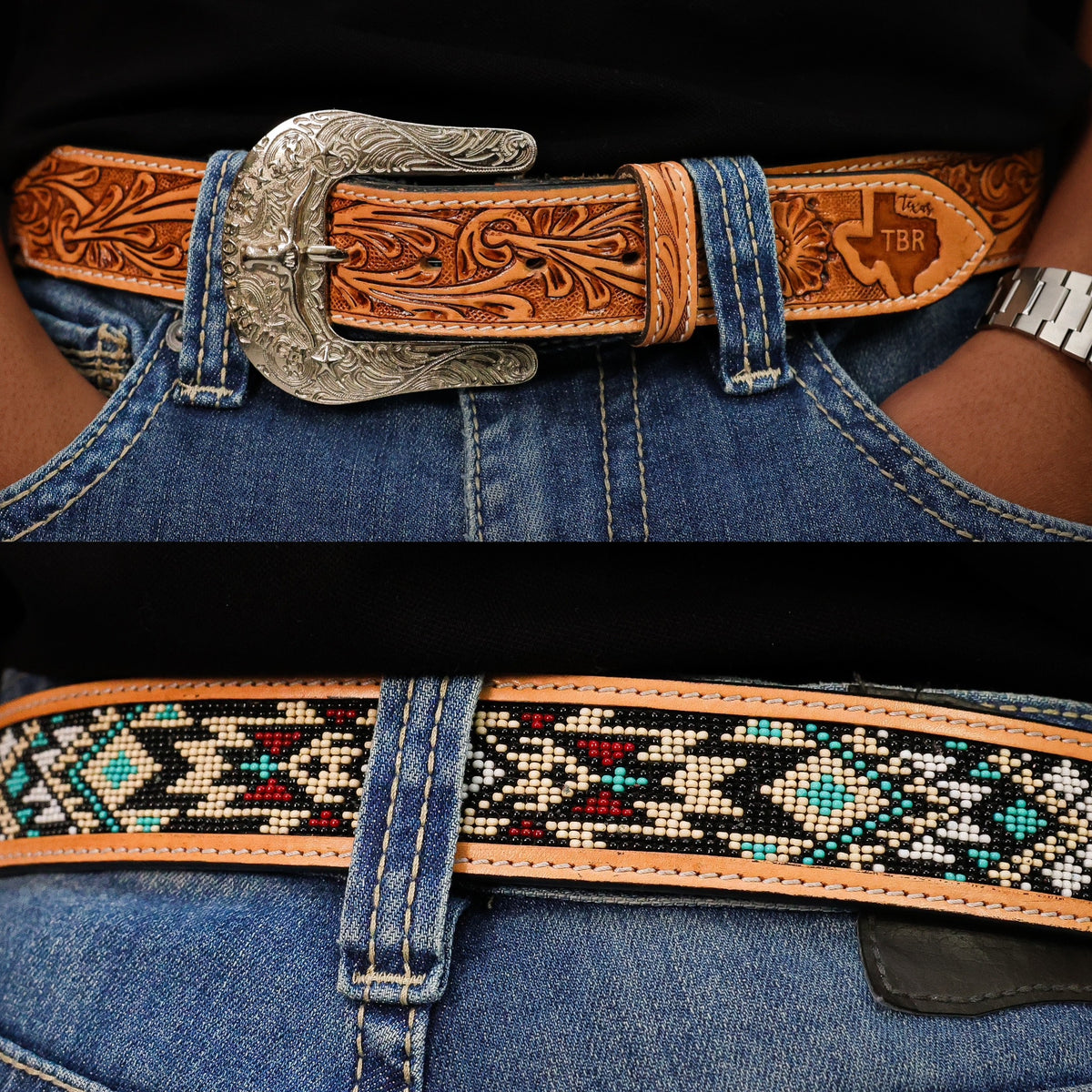Hand-Tooled Artesanal Beaded Leather Belt – Texas Boot Ranch