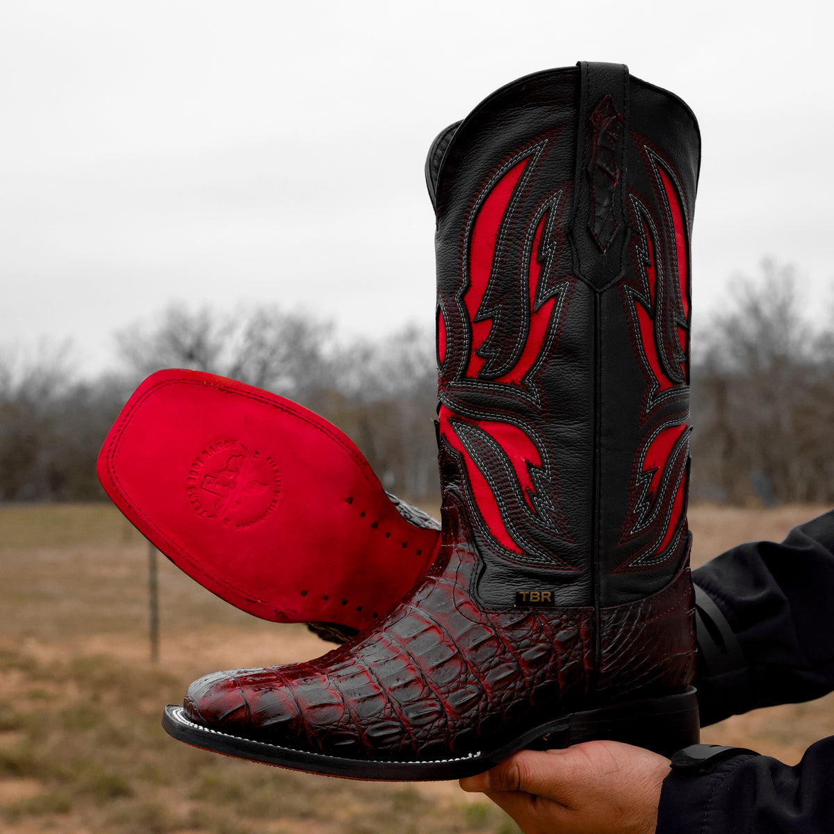 Black Cherry Caiman Hornback Leather Boots - Square Toe – Texas Boot Ranch