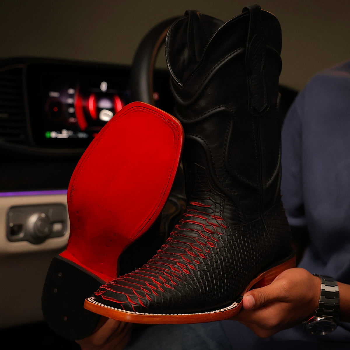 Matte Black Cherry Python Leather Boots - Square Toe – Texas Boot Ranch