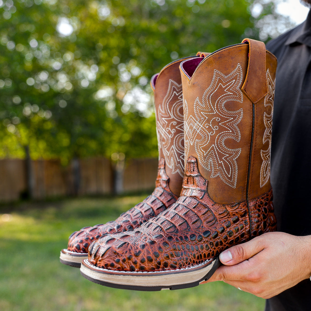 Cognac Caiman Neck Leather Boots With 3D Lightweight Sole - Composite ...