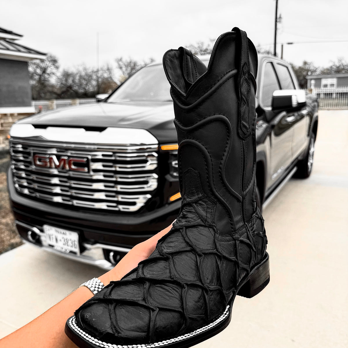 Matte Black Pirarucu Leather Boots - Square Toe – Texas Boot Ranch