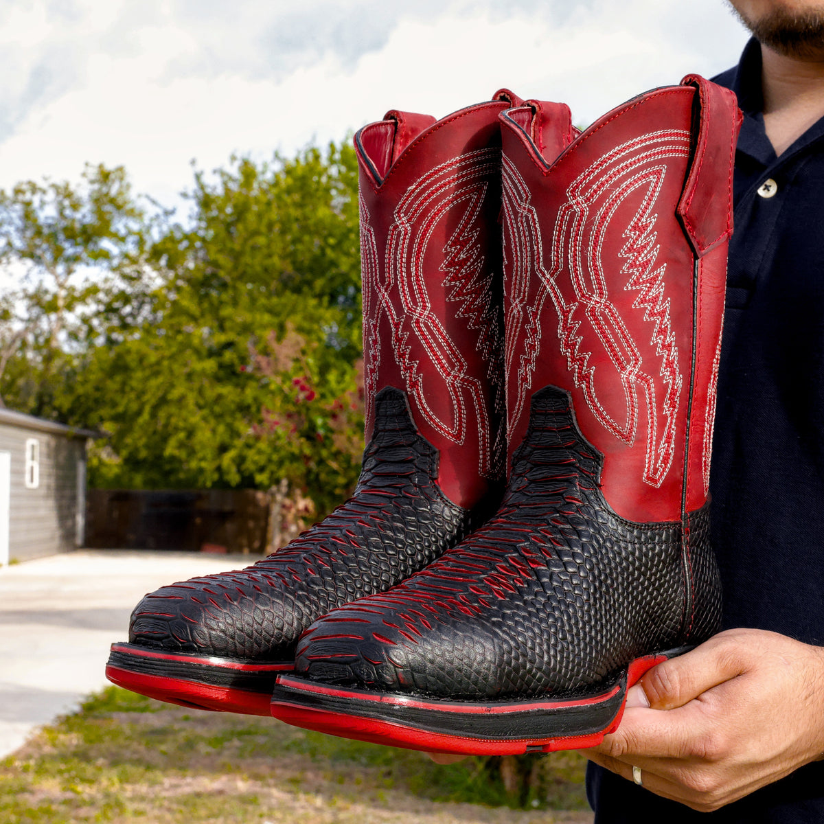 Black/Red Python Leather Boots With 3D Lightweight Sole - Composite To ...