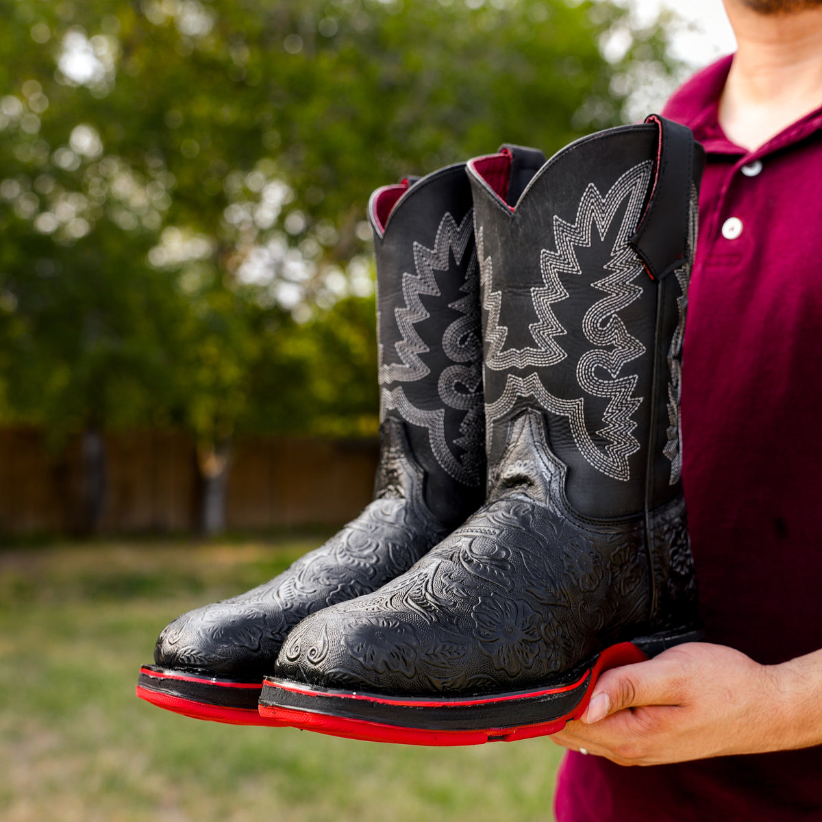 Black Hand-Tooled Leather Boots With 3D Lightweight Sole - Composite T ...