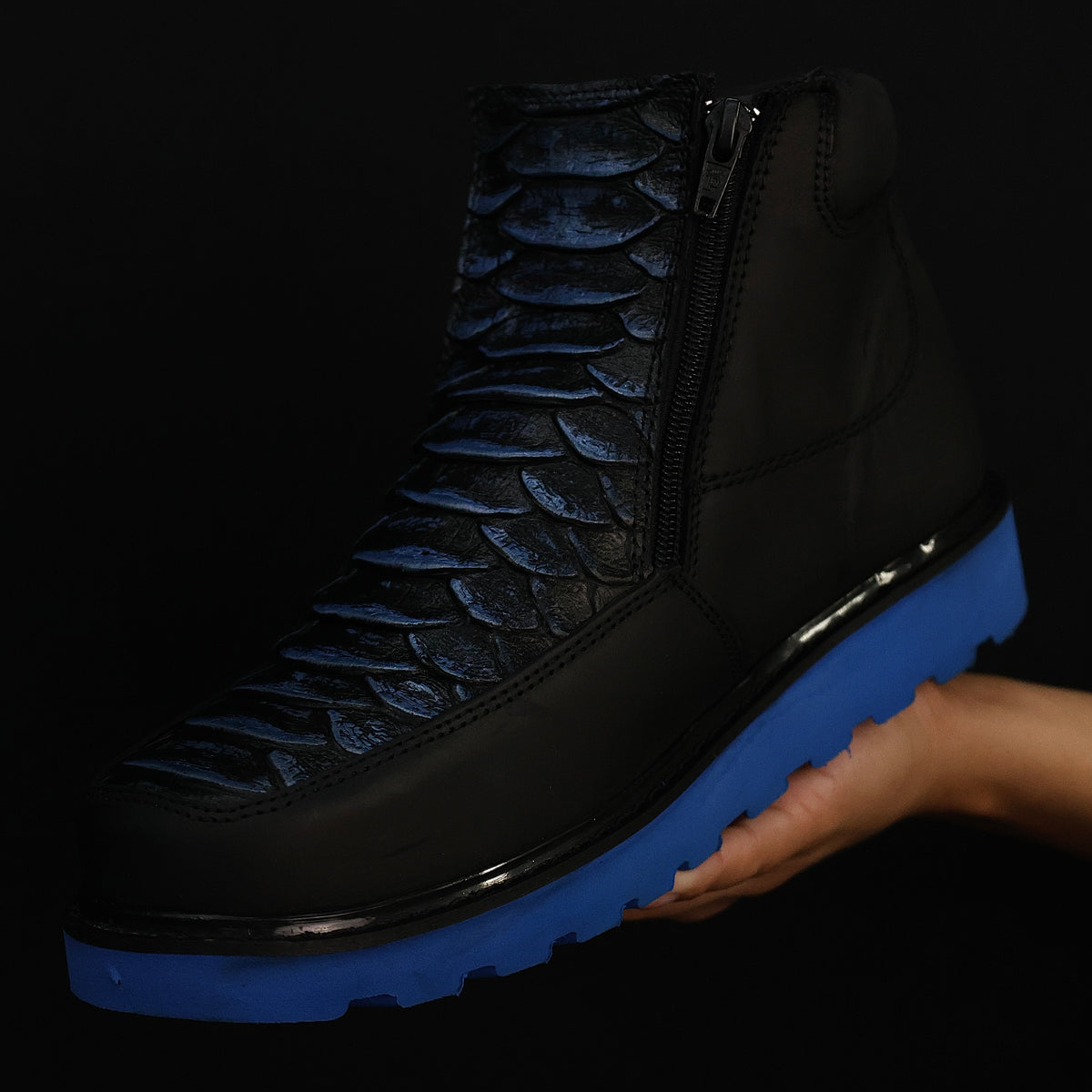 Men’s Black Python Cowboy Shoes With Ultra Light Blue Soles – Texas ...