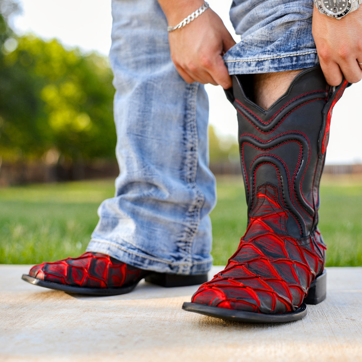 Matte Rustic Black Cherry Pirarucu Leather Boots - Square Toe – Texas ...