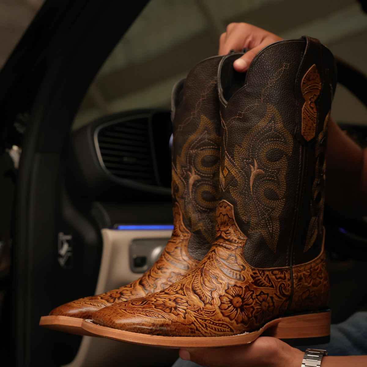 Honey Hand-Tooled Leather Boots — Square Toe – Texas Boot Ranch