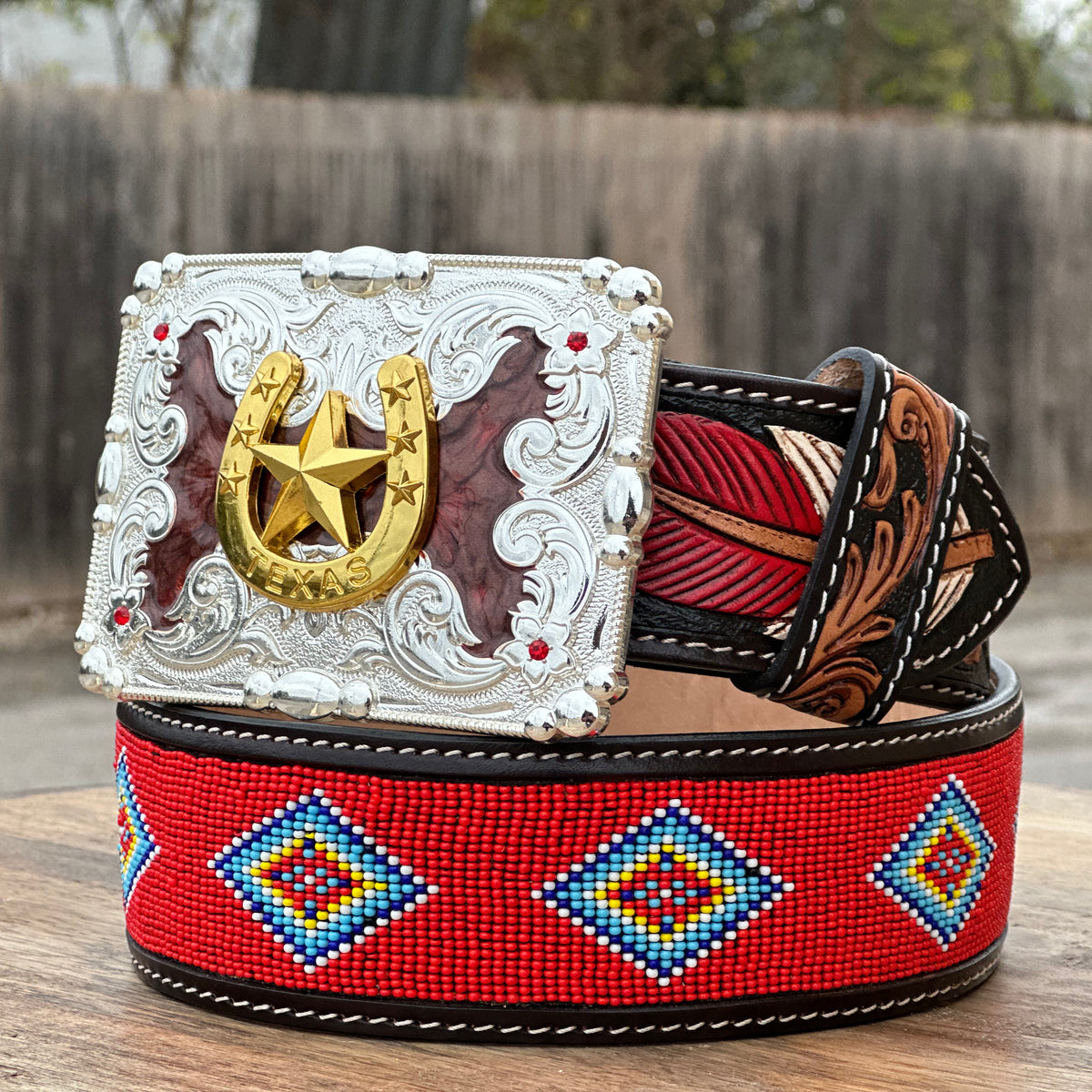 Hand-Tooled Artesanal Tabs With Red, Blue, And Yellow Beaded Leather B ...