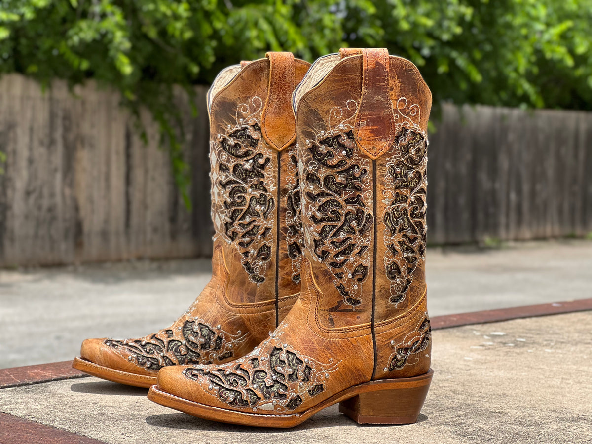 Women’s Rustic Honey Leather Boots With Gold Inlay – Texas Boot Ranch