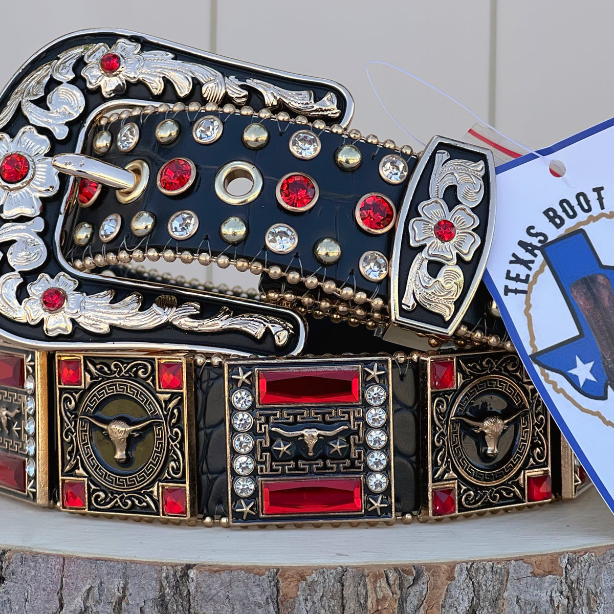 Western Black Longhorn Leather Belt With Red Rhinestones – Texas Boot Ranch