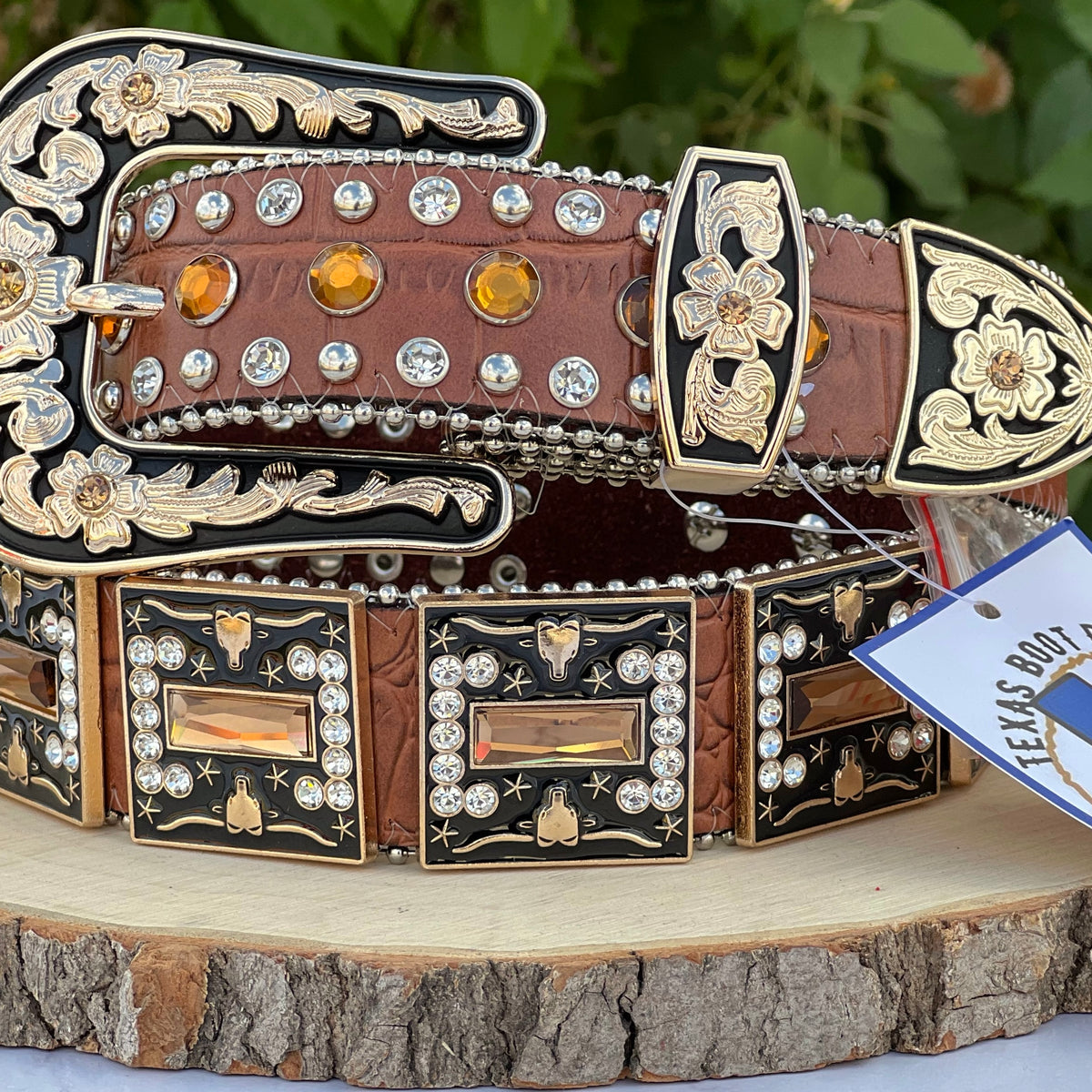 Western Brown Longhorn Belt With Rhinestone – Texas Boot Ranch